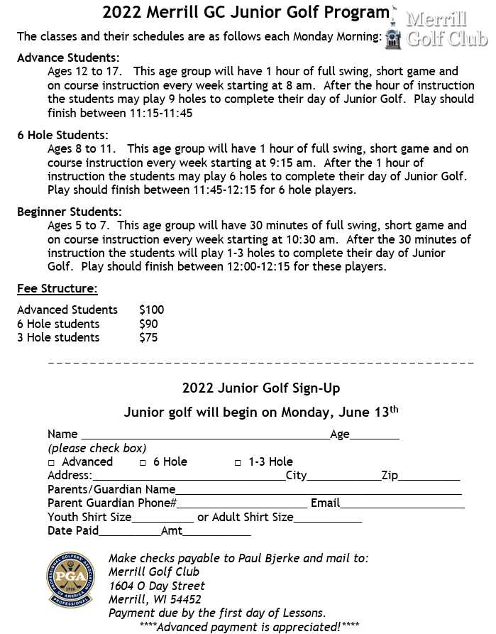 Junior Golf Lesson Program - Merrill Golf Club