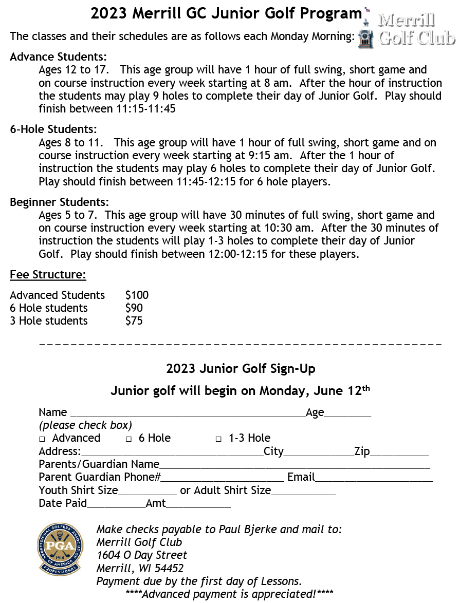Junior Golf Lesson Program - Merrill Golf Club